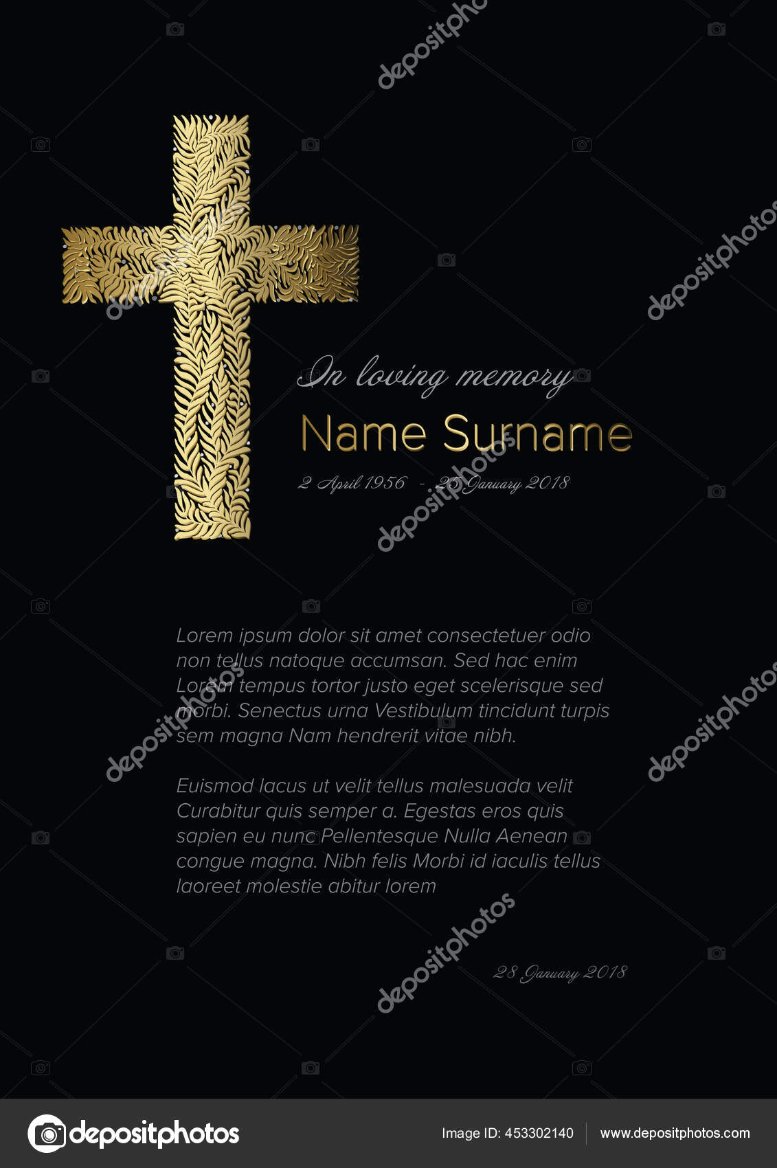 Plantilla Tarjeta Aviso Condolencia Funeraria Con Gran Cruz Dorada ...