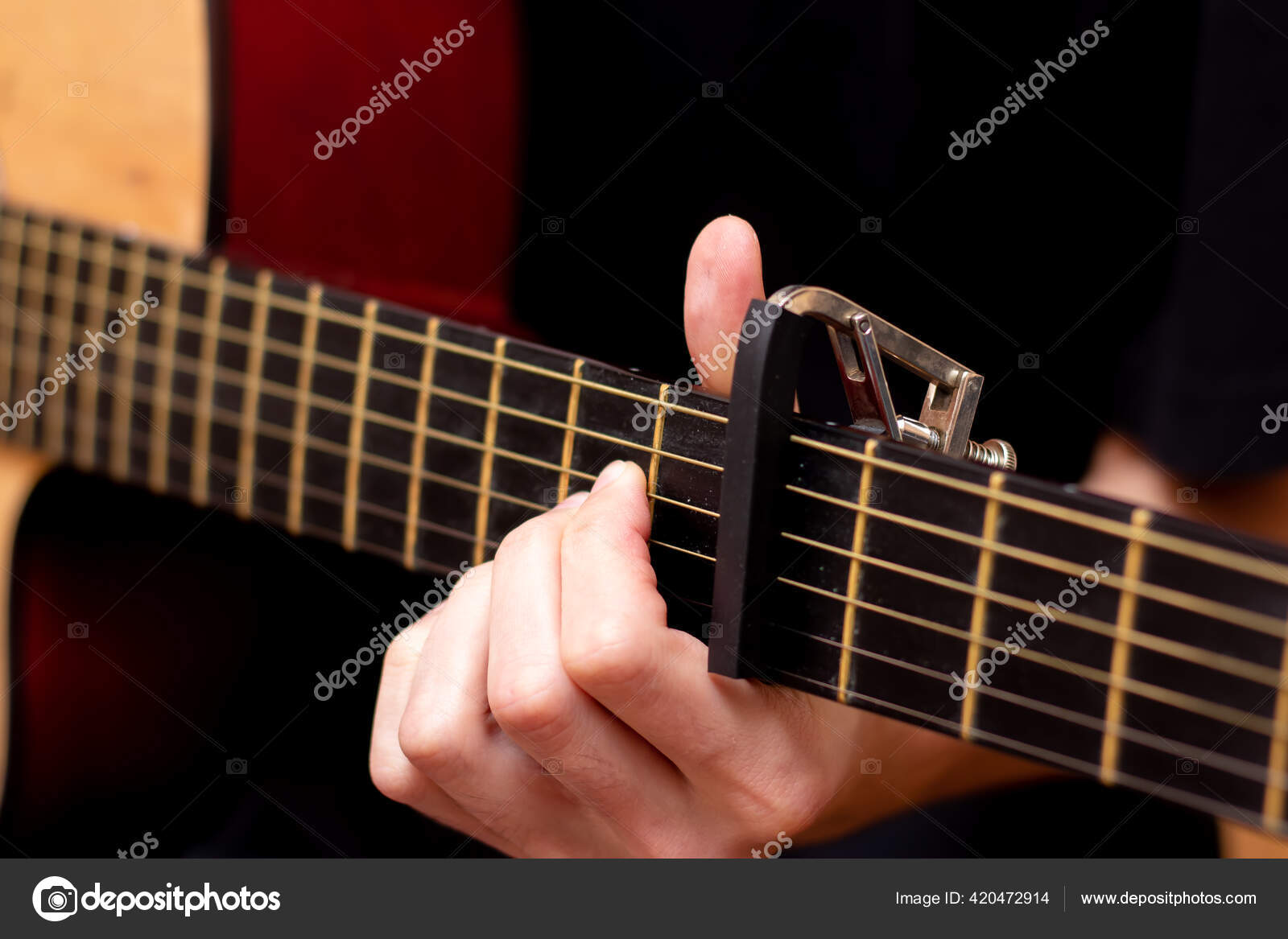 Guy Plays Guitar Capo Guitar Fretboard Close Plan Wooden Guitar — Stock ...