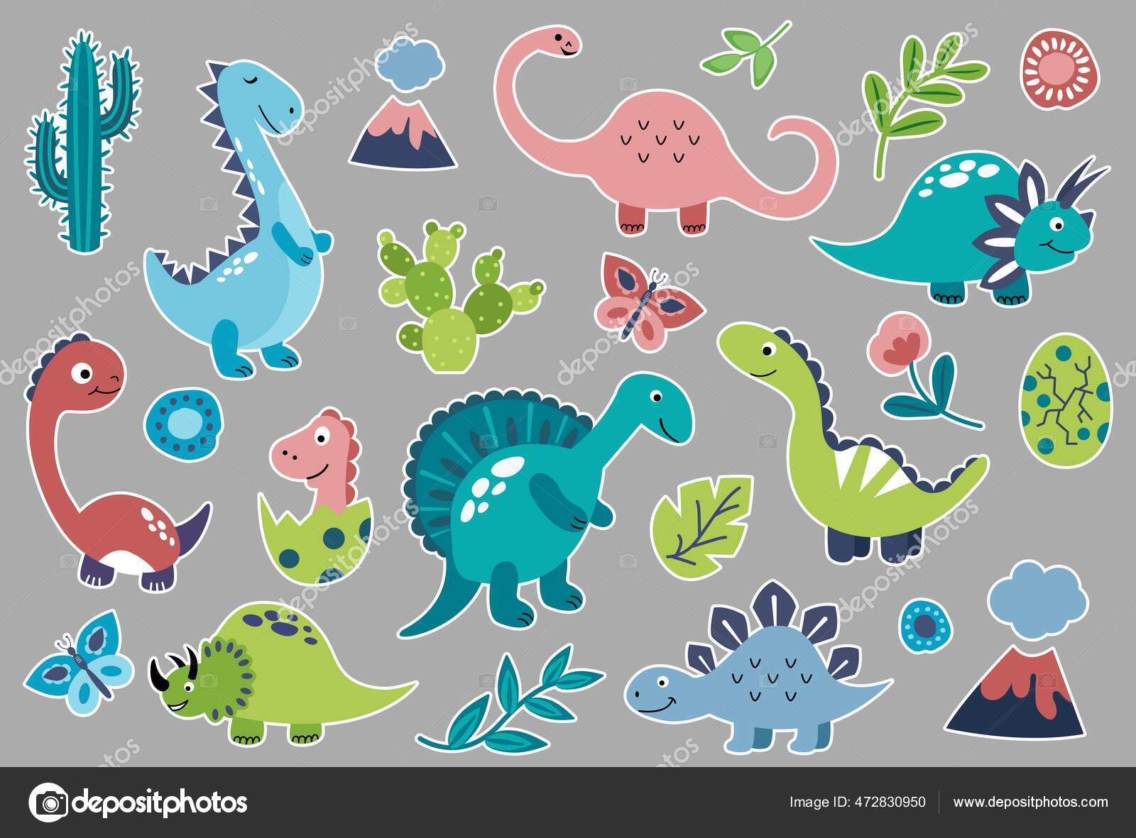 Dinosaur Stickers Pack Hand Drawn Style Vector Illustration Stock ...
