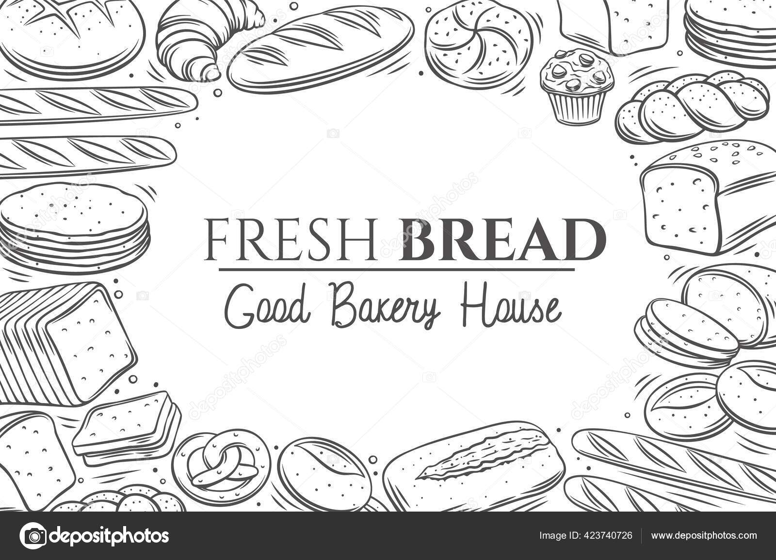 Bread products layout, monochrome outline vector illustration with ...