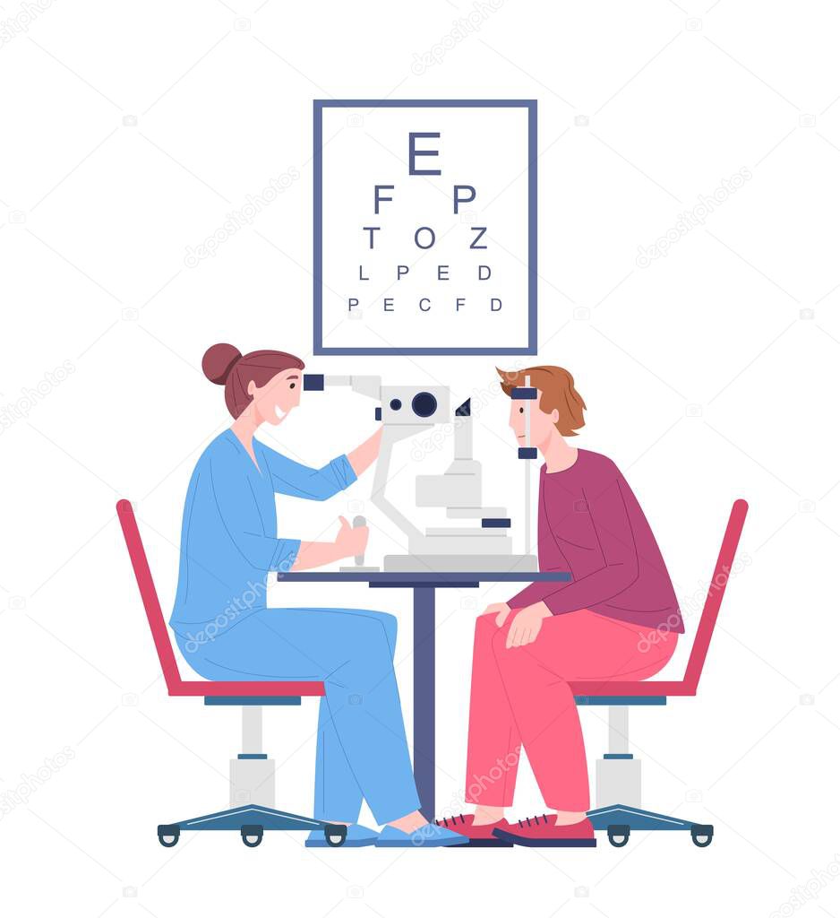 Revisión de la vista del paciente por oftalmólogo médico, personajes de ...