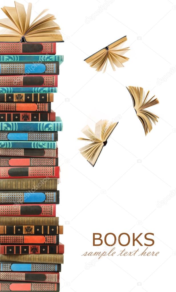 Big stack of books with opened books flying away (education concept ...