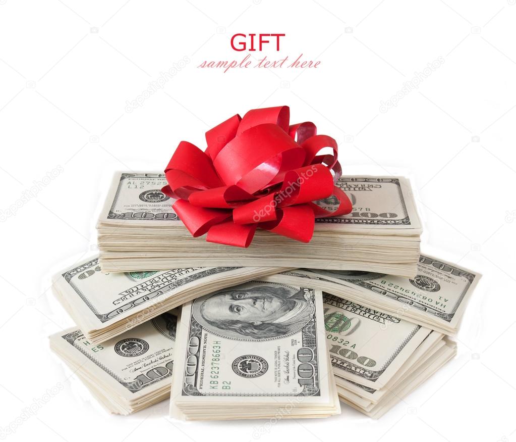 Money gift. Money bonus. Stack with money with red bow isolated on ...