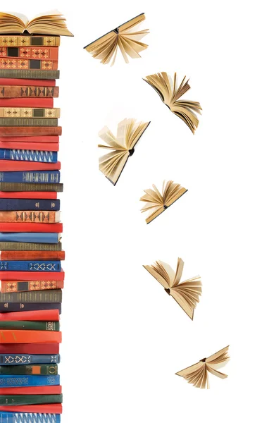 Big stack of books with opened books flying away (education concept ...