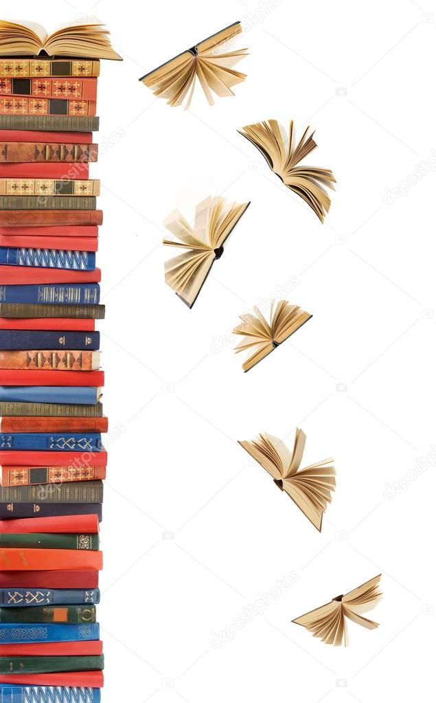 Book shelf with books flying away isolated on white background Stock ...