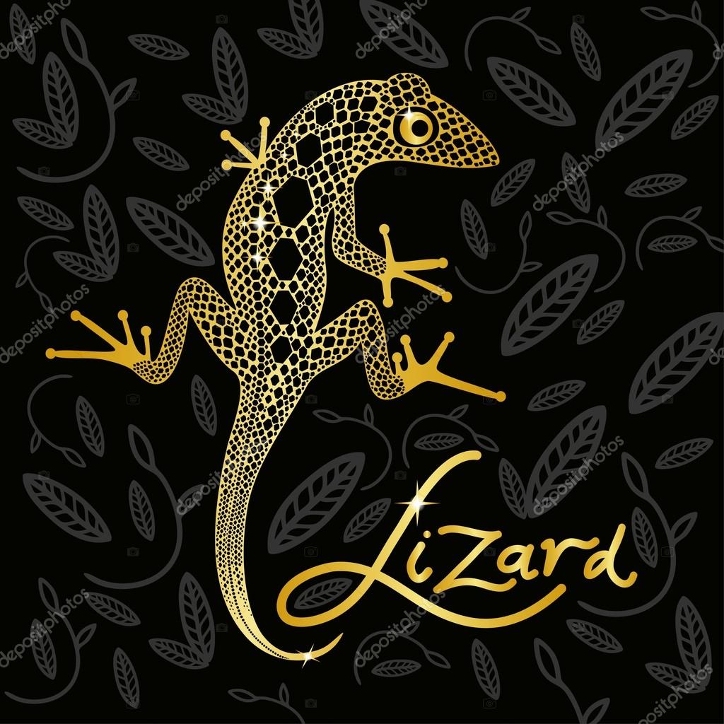 Golden lizard on a black decorative background design — Stock Vector ...