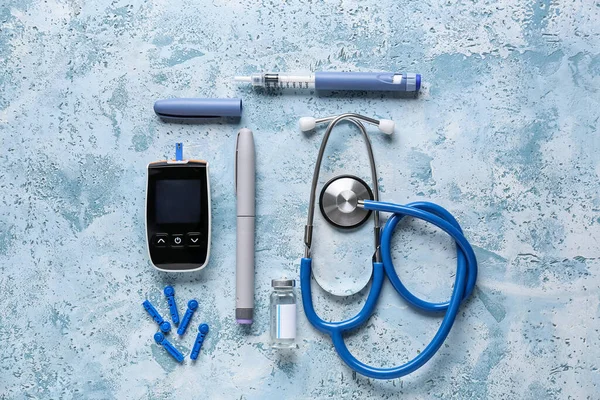 Glucometer Sugar Insulin Stethoscope Grey Background Diabetes Concept ...