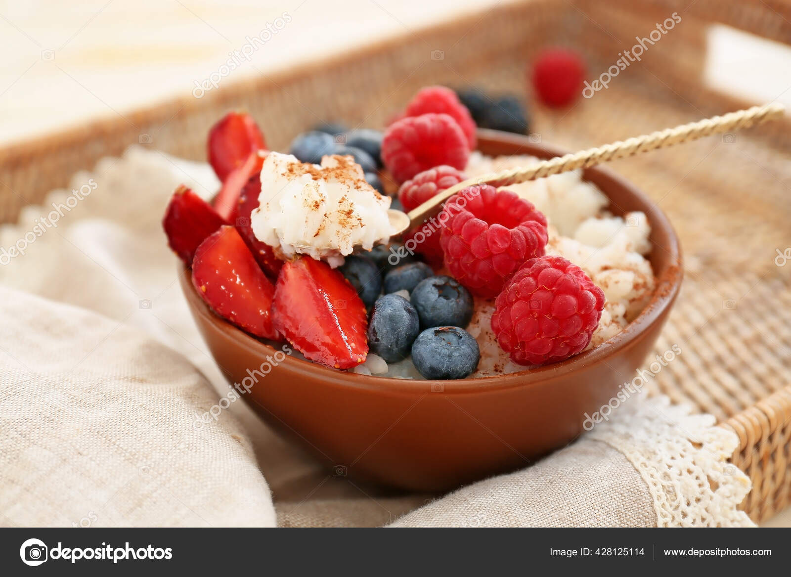 Bowl Tasty Rice Pudding Berries Wicker Tray Stock Photo by ©serezniy ...