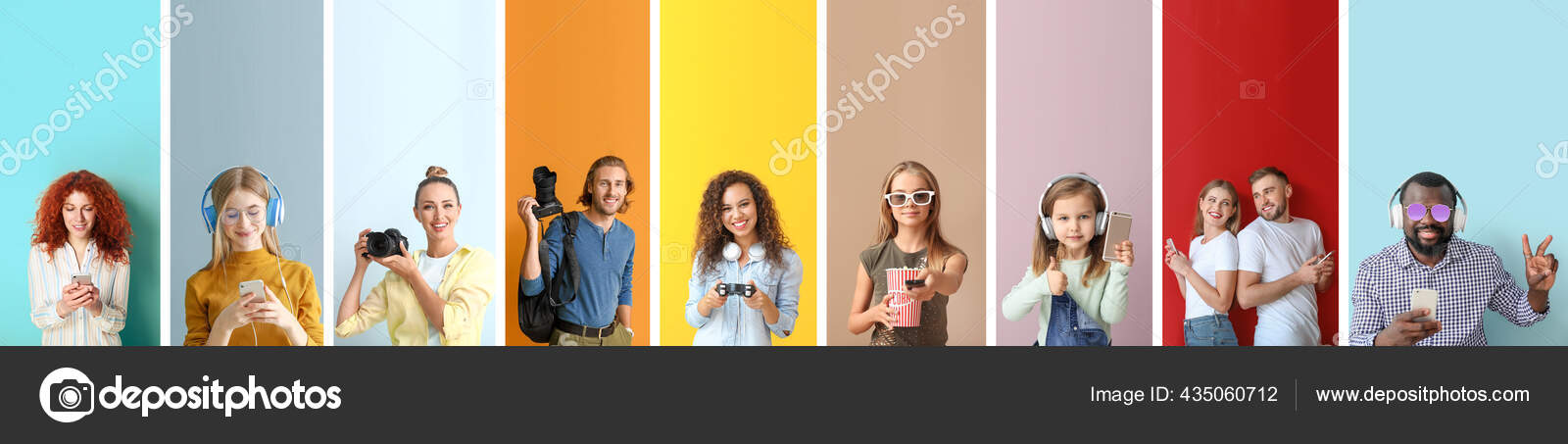 Collage Photos Different People Using Devices Color Background Stock ...
