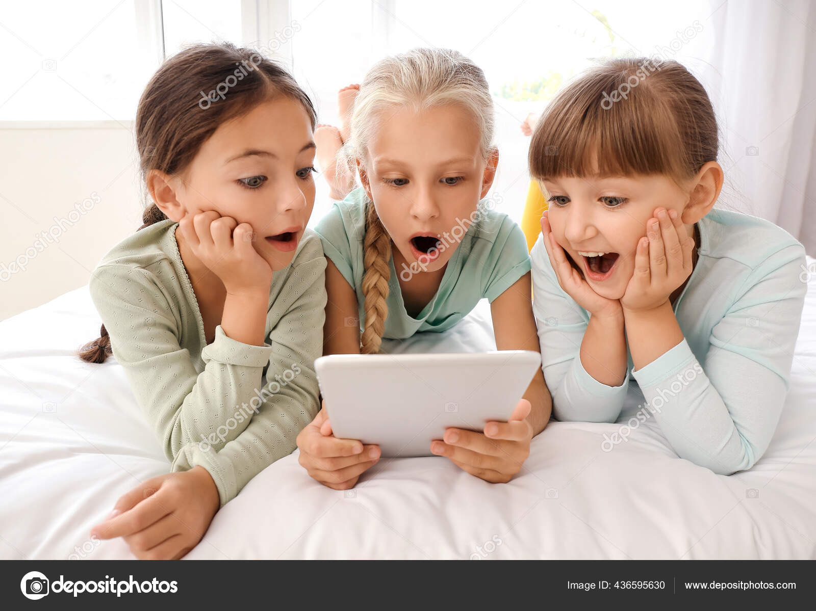 Cute Little Girls Tablet Computer Home — Stock Photo © serezniy #436595630