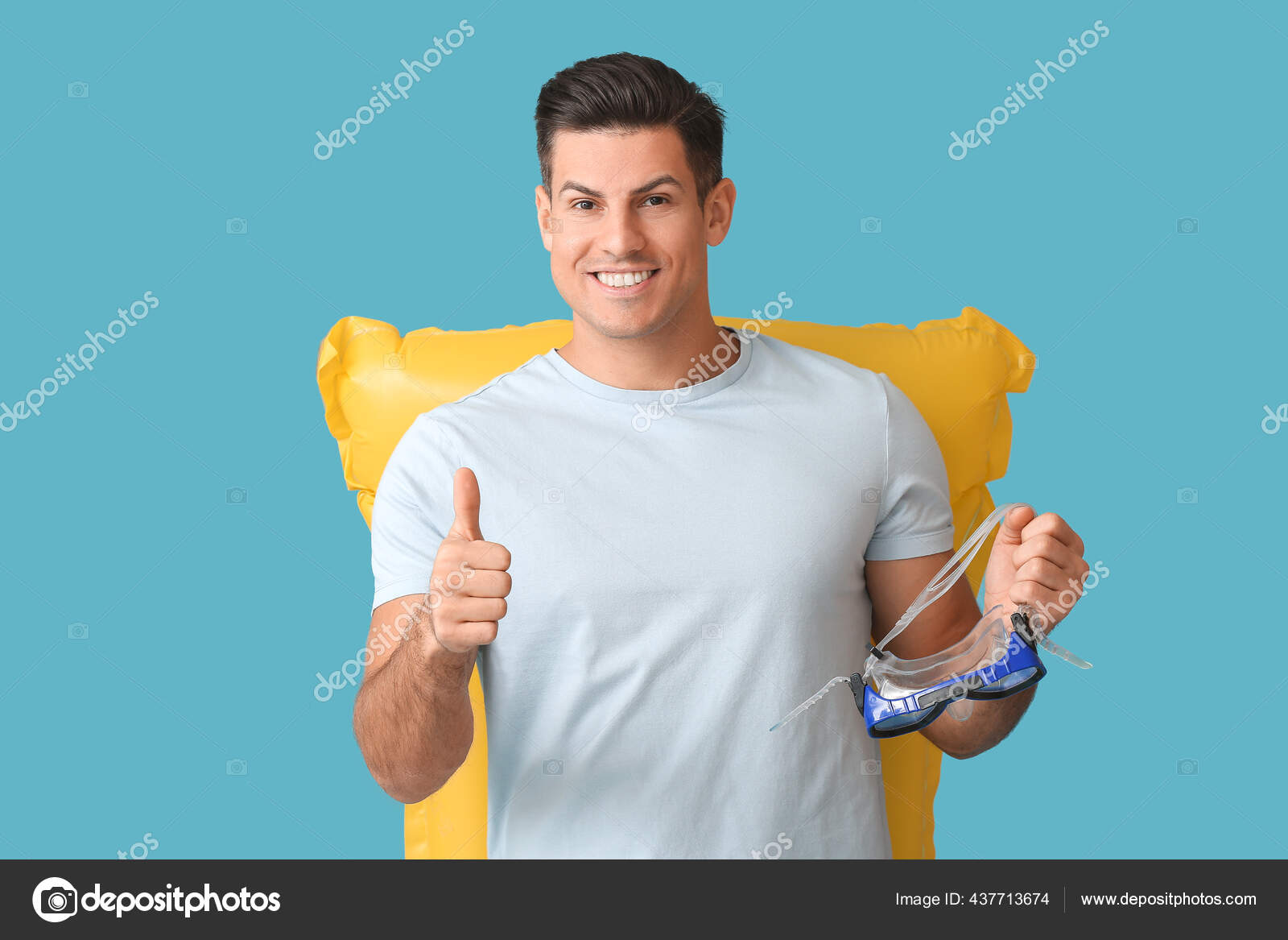 Young Man Inflatable Mattress Snorkeling Mask Showing Thumb Gesture ...