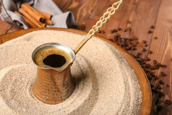 Cezve Delicious Turkish Coffee Sand Beans Dark Background — Stock Photo ...