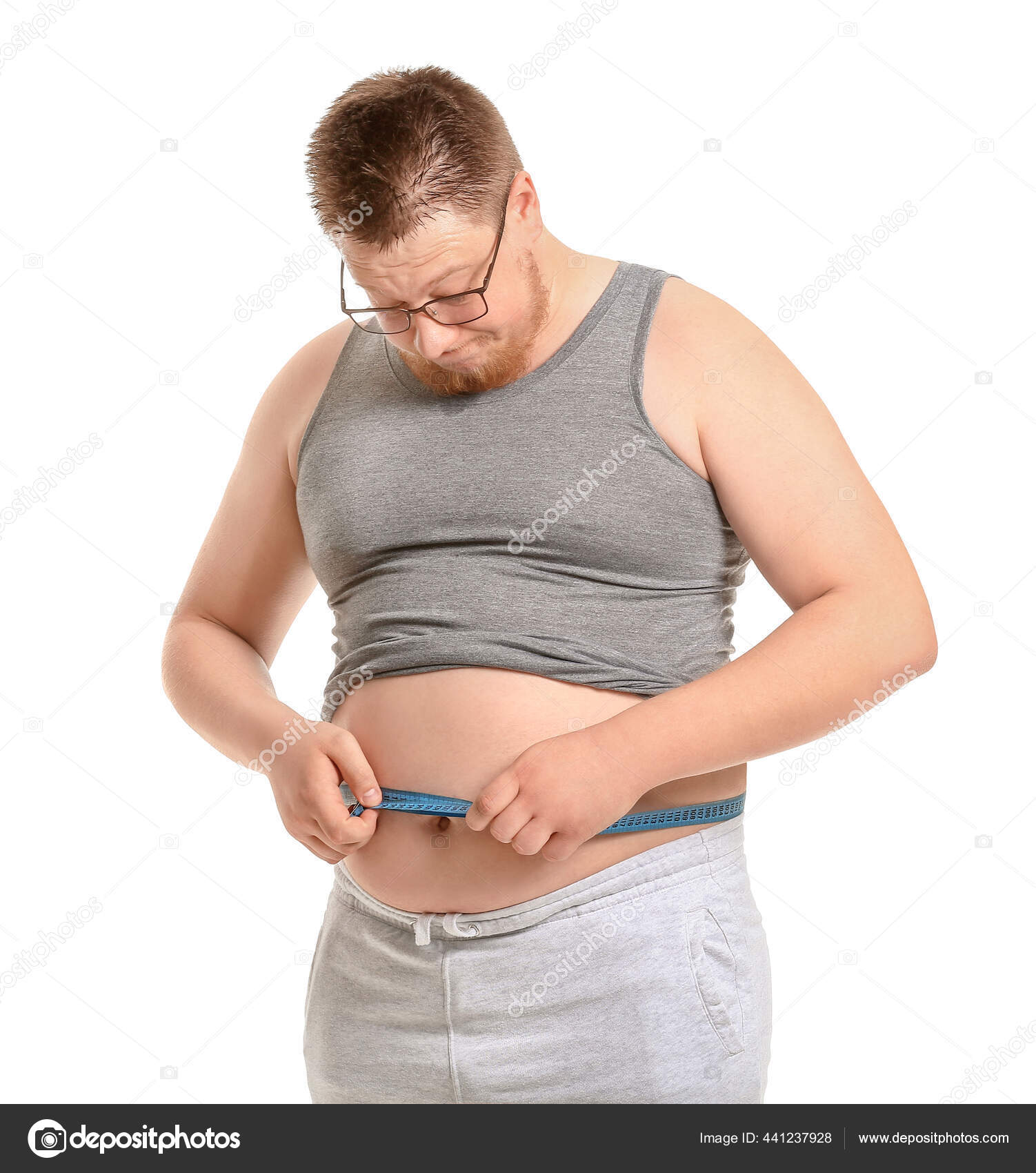 Overweight Man Measuring Tape White Background Weight Loss Concept ...