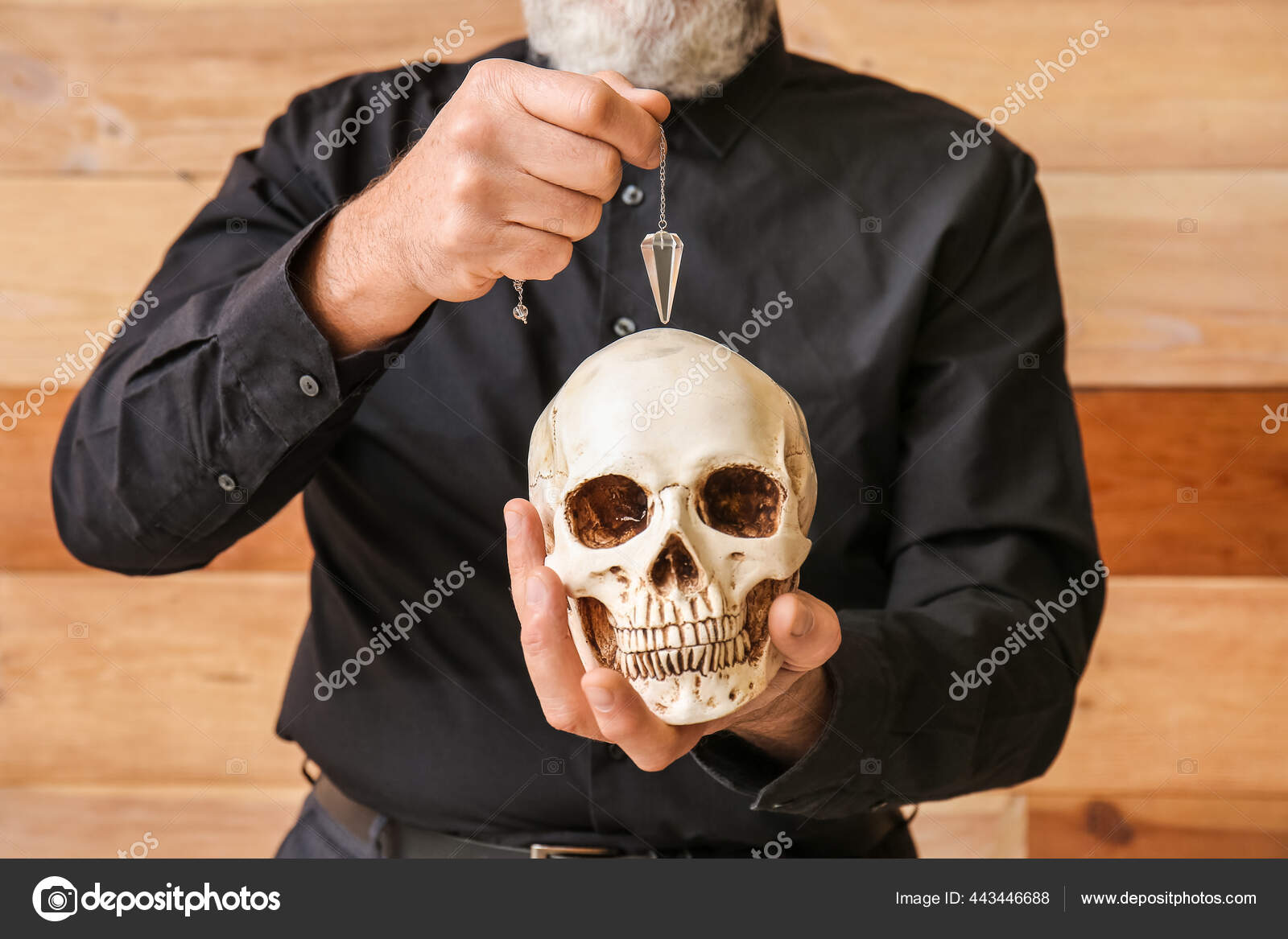 Male Fortune Teller Human Skull Pendulum Wooden Background — Stock ...