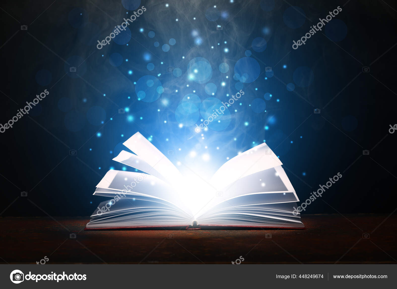 Open Magic Book Dark Background Stock Photo by ©serezniy 448249674