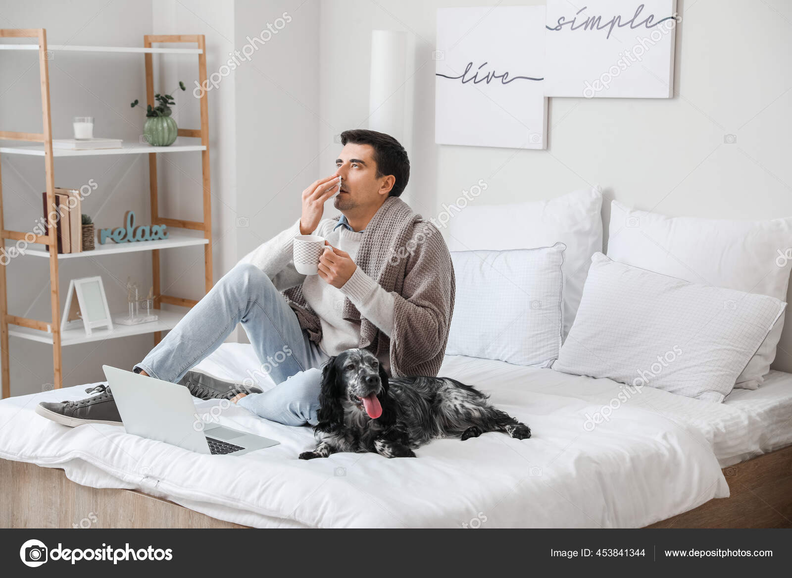 Sick Man His Dog Working Laptop Home Stock Photo by ©serezniy 453841344