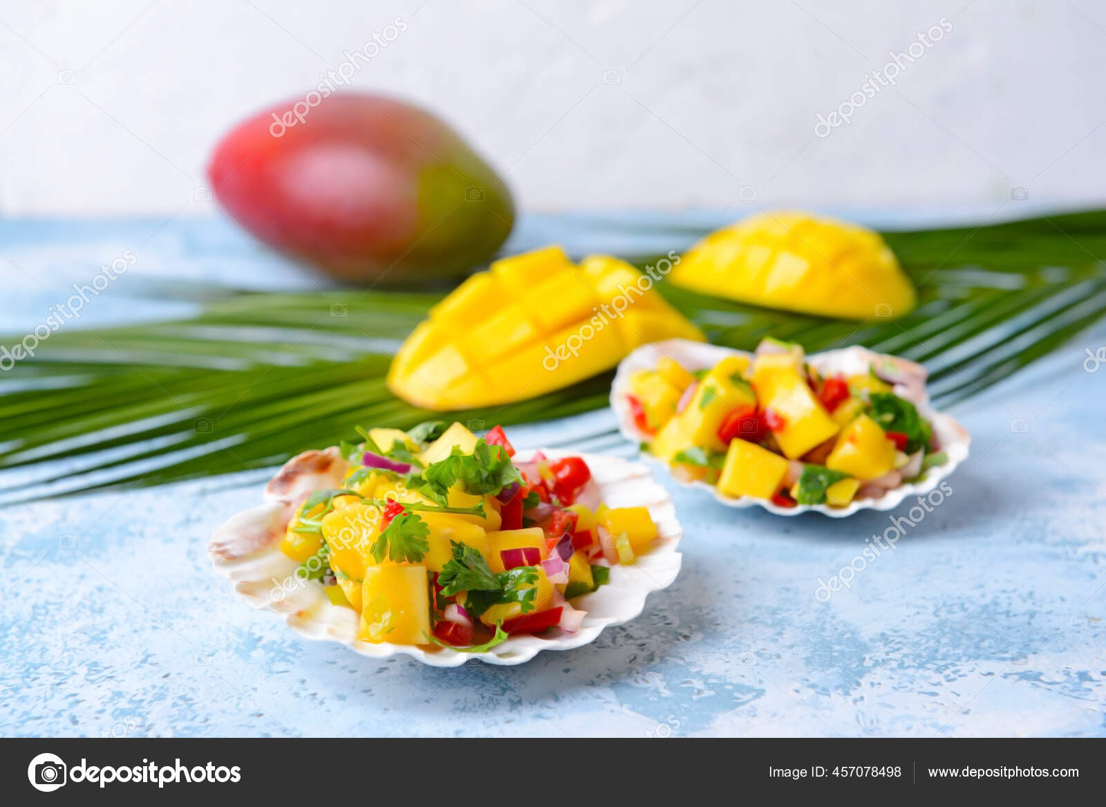 Sea Shells Fresh Mango Salsa Color Background — Stock Photo © serezniy ...