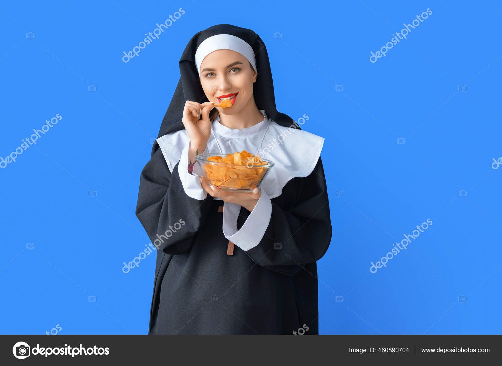 Sexy Nun Eating Chips Color Background Stock Illustration by ©serezniy ...