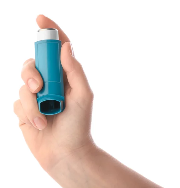 Female Hand Asthma Inhaler White Background Closeup — Stock Photo ...