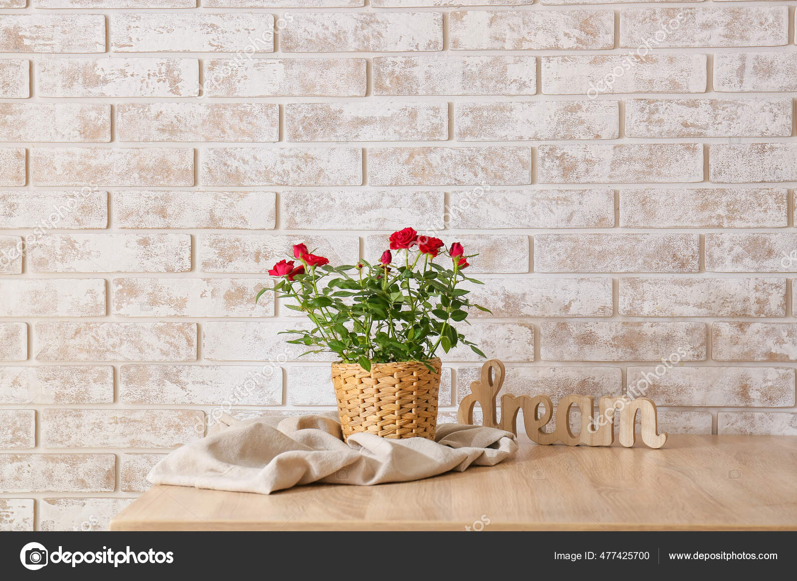 Beautiful Red Roses Pot Table Brick Wall — Stock Photo © serezniy ...