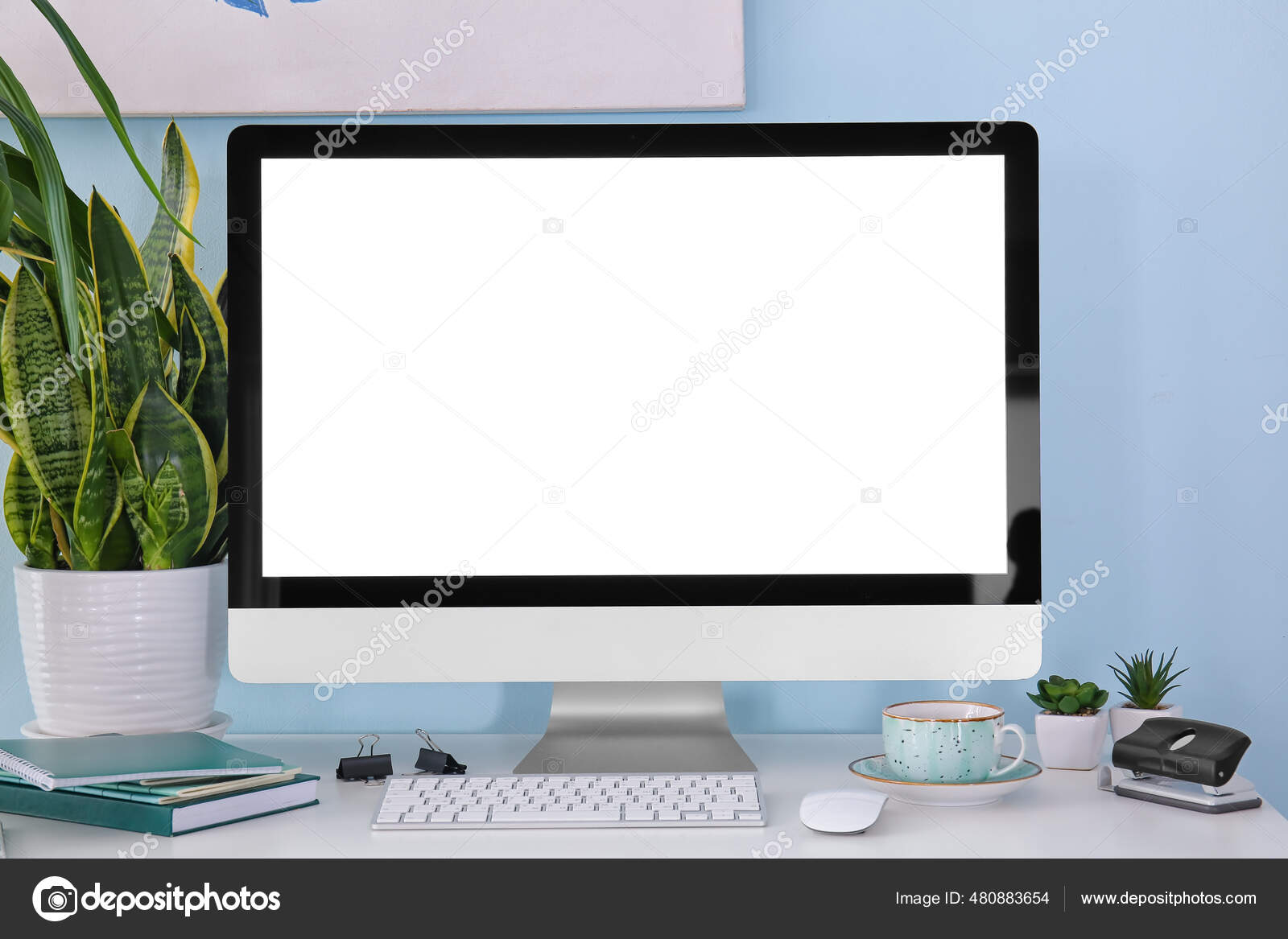 Stylish Workplace Modern Computer Table Color Wall — Stock Photo ...