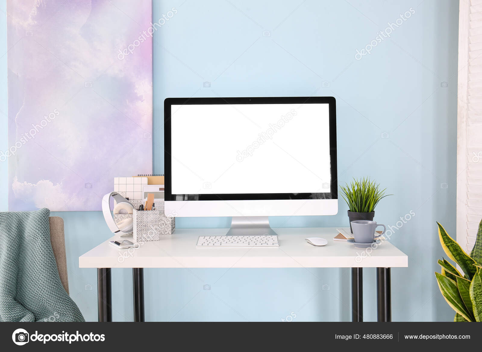Stylish Workplace Modern Computer Table Color Wall — Stock Photo ...