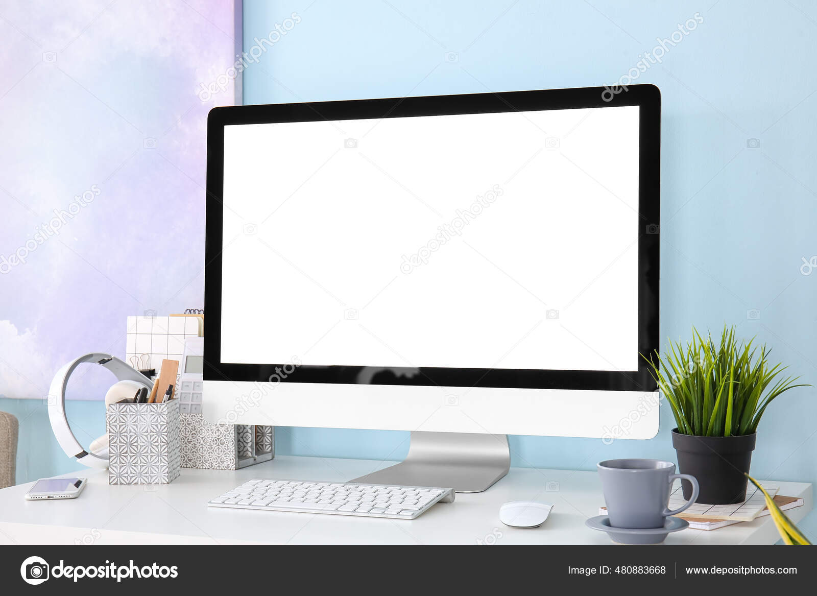 Stylish Workplace Modern Computer Table Color Wall — Stock Photo ...