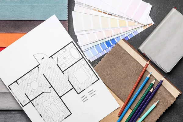 Color Palettes Building Plan Paint Brushes Wooden Background Stock ...