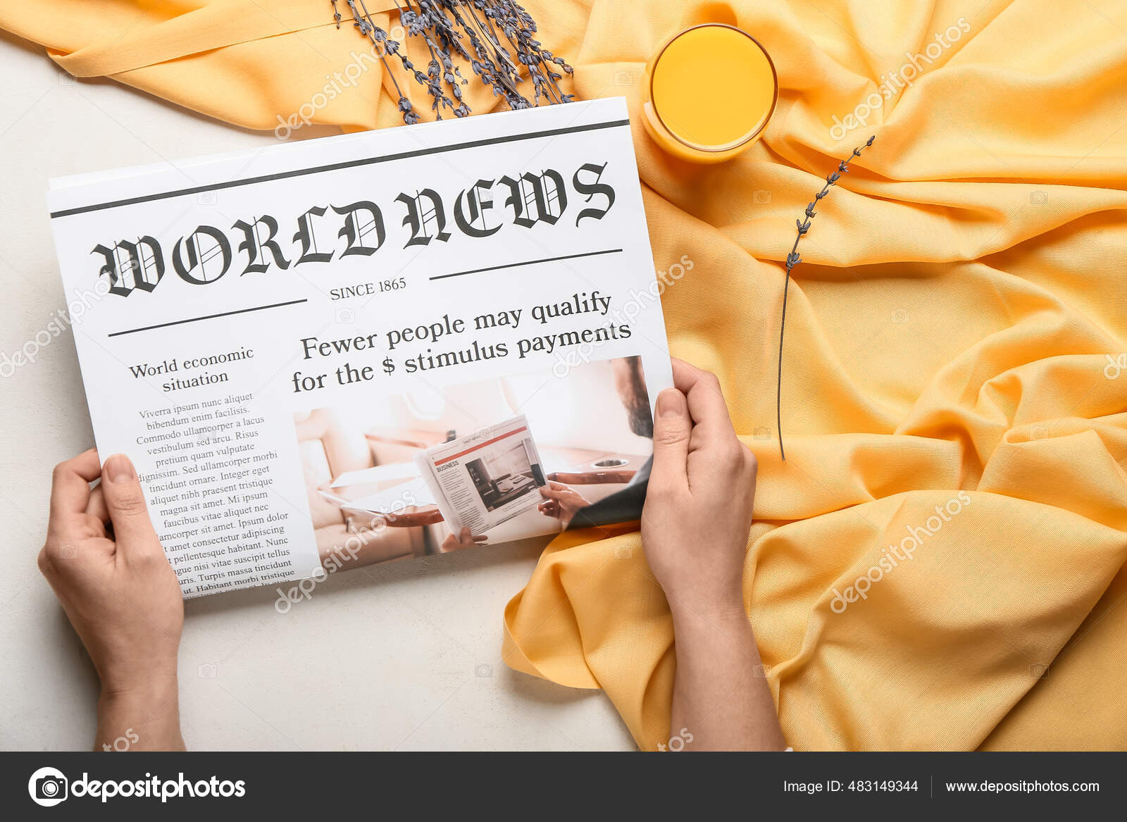 Woman Reading Newspaper Color Fabric Background — Stock Photo ...