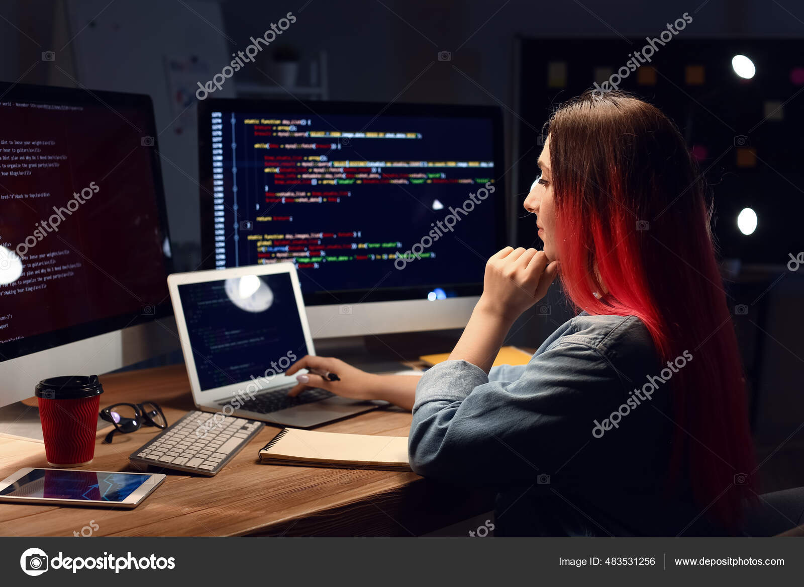 Female Programmer Working Laptop Office Night — Stock Photo © serezniy ...