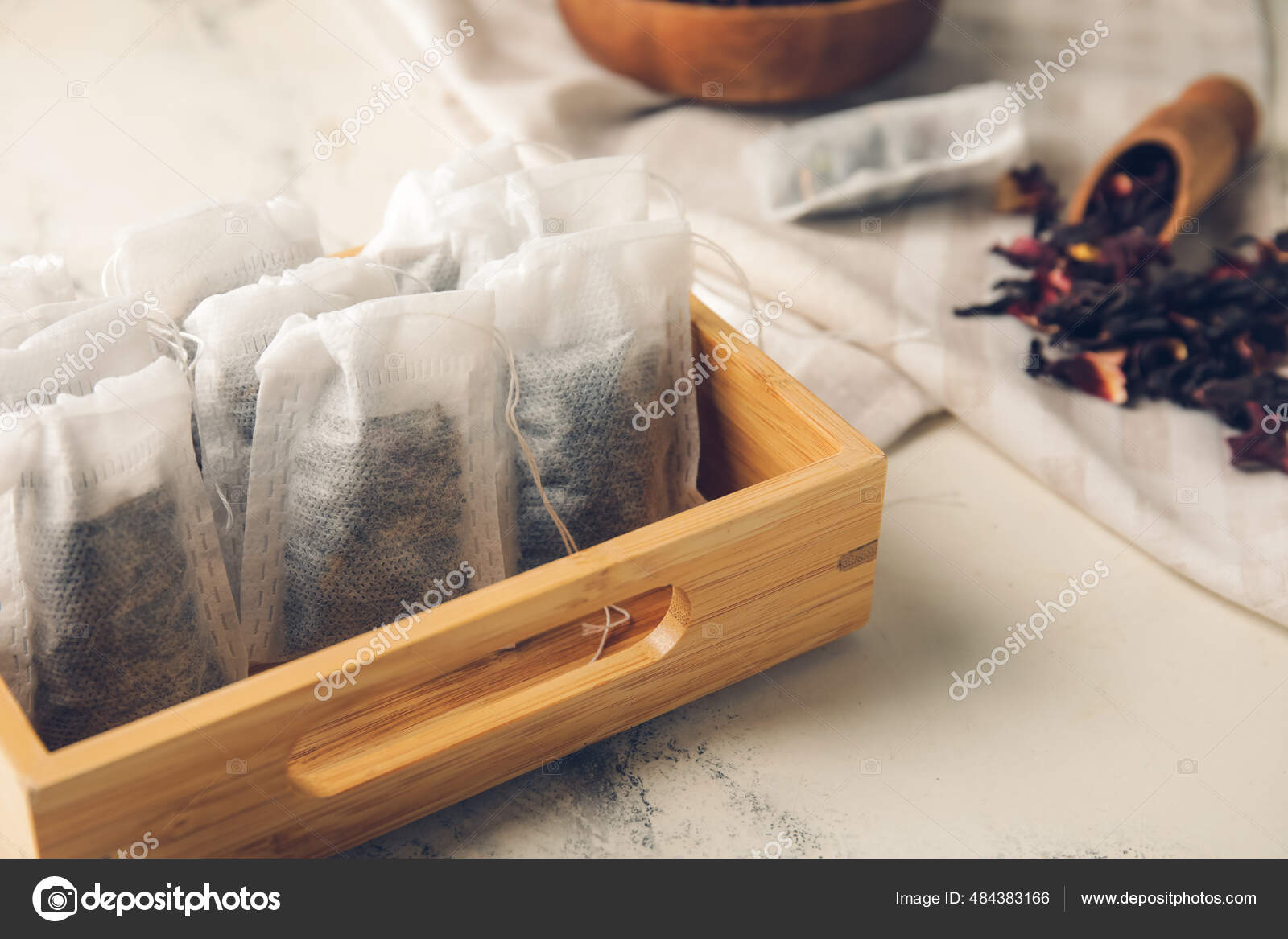 Box Tea Bags Dry Leaves Light Background Stock Photo by ©serezniy 484383166