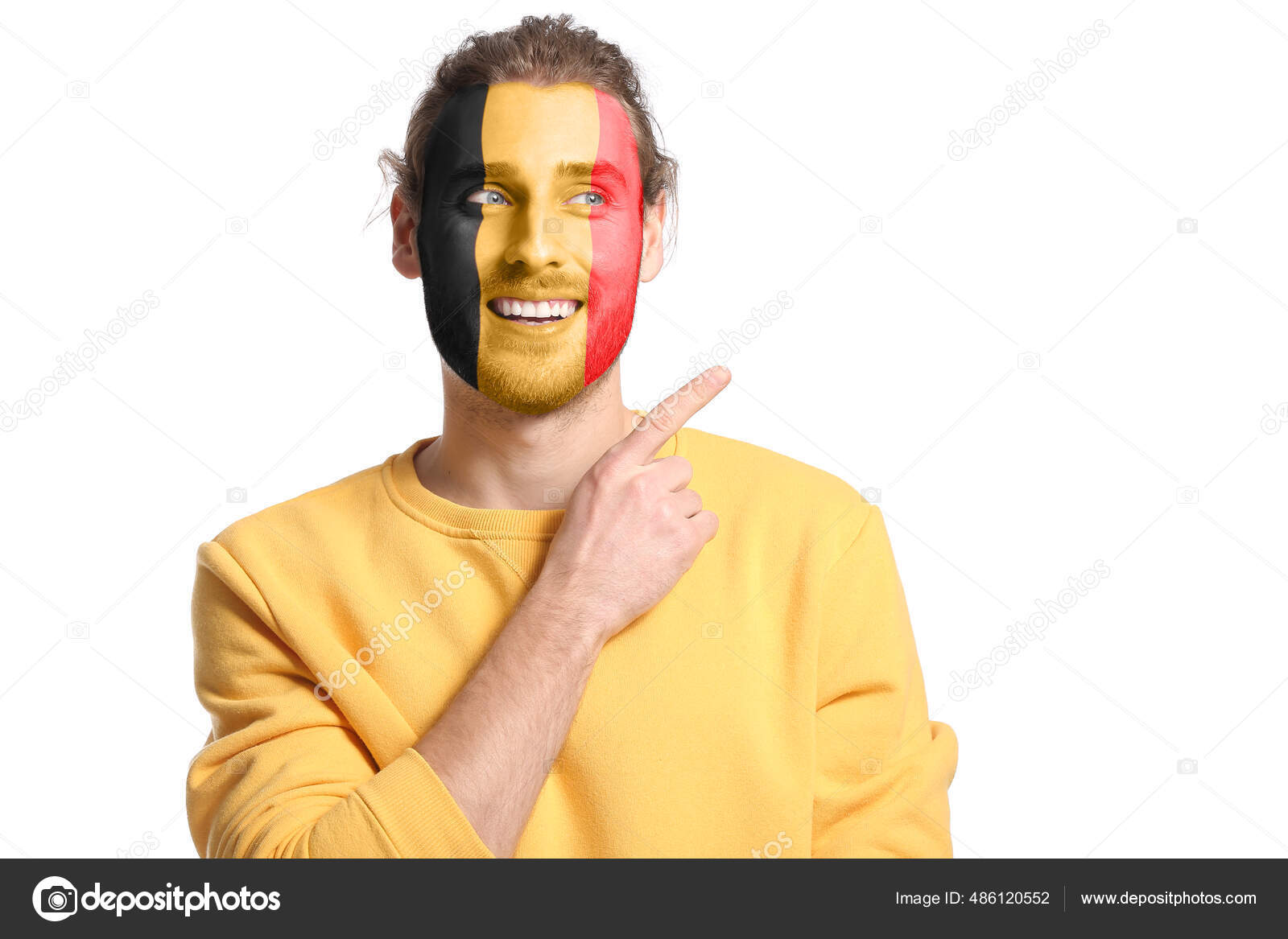 Young Man Face Colors Belgian Flag Pointing Something White Background ...