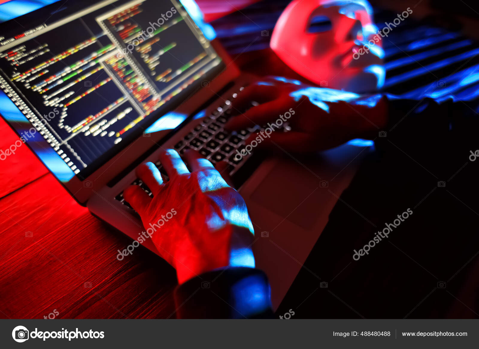 Hands Hacker Laptop Dark Background — Stock Photo © serezniy #488480488