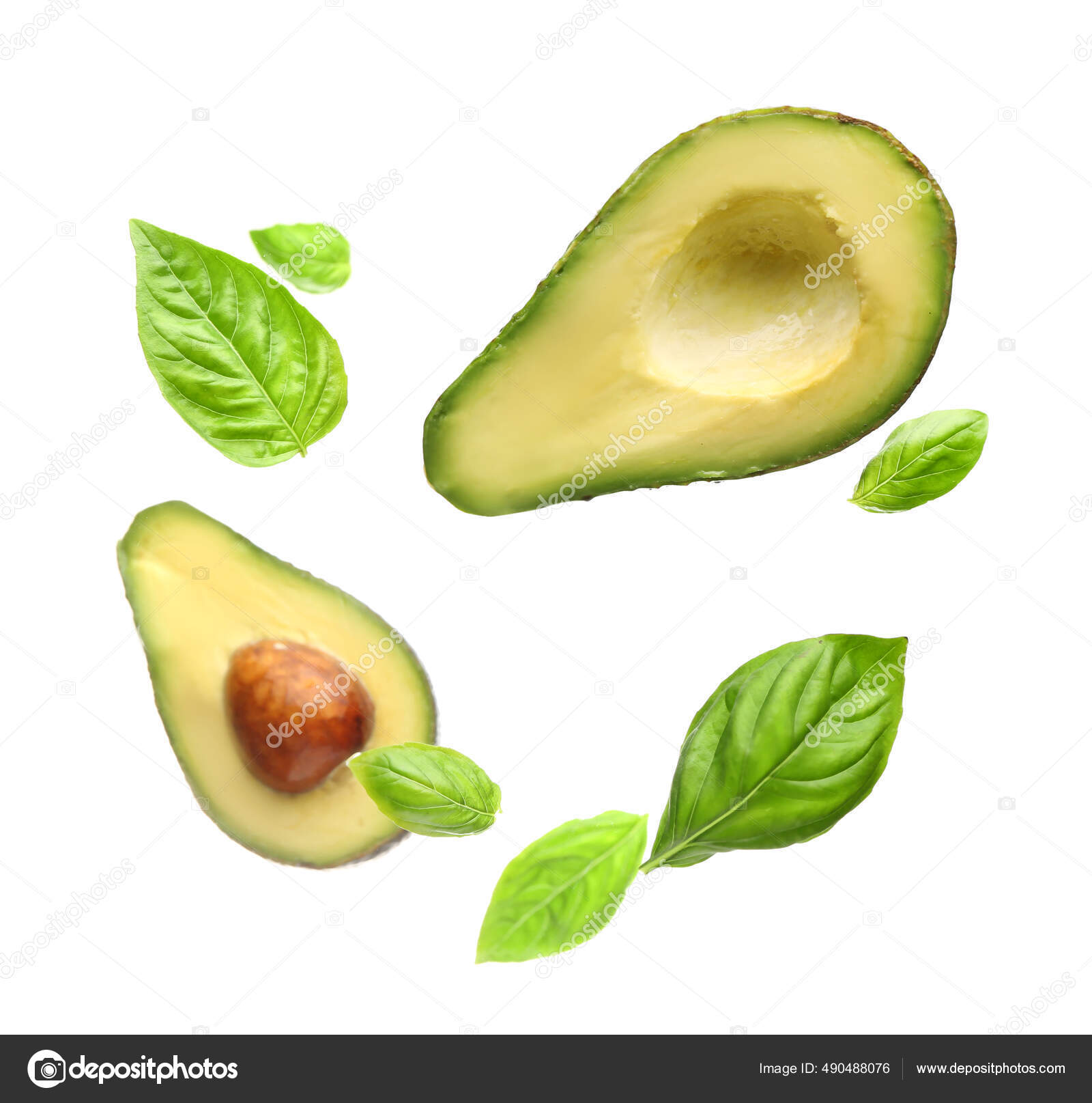 Flying Avocado Basil Leaves White Background Stock Photo by ©serezniy ...