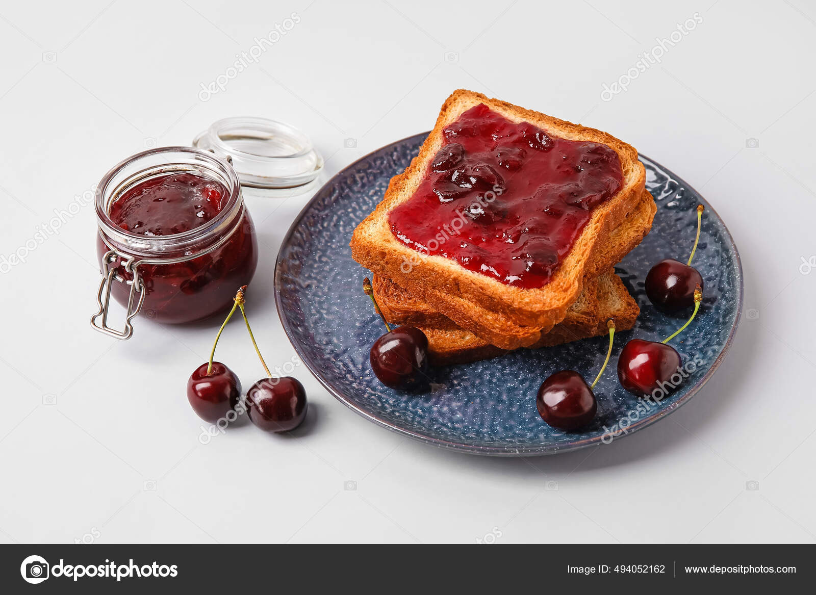 Jar Toasts Cherry Jam Light Background Stock Photo by ©serezniy 494052162