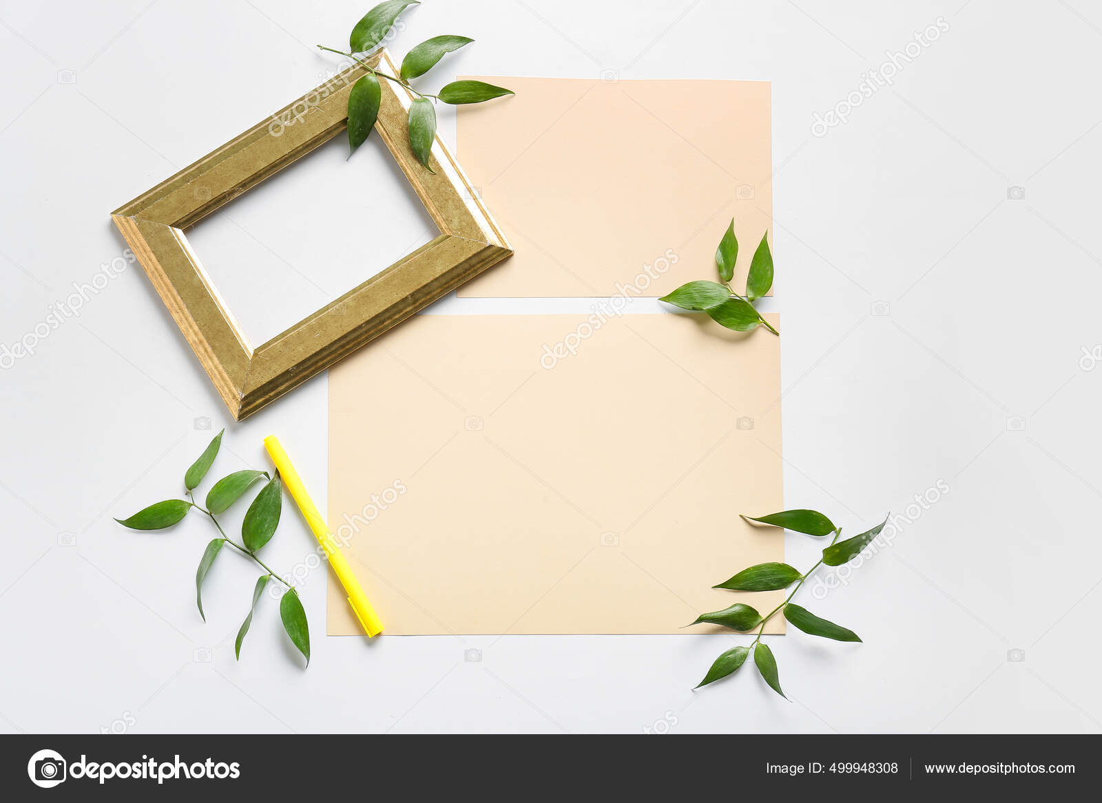 Composition Blank Cards Empty Picture Frame Pen Leaves White Background ...