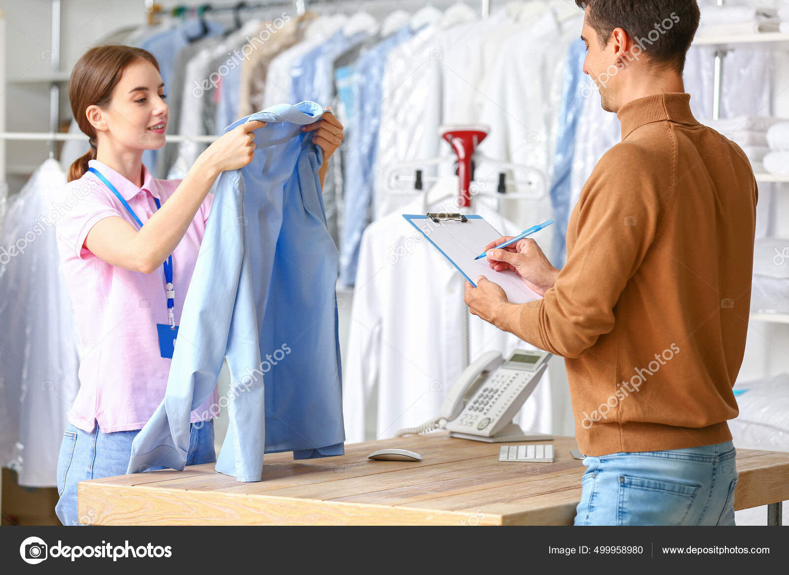 Female Worker Taking Order Client Modern Dry Cleaner's — Stock Photo ...