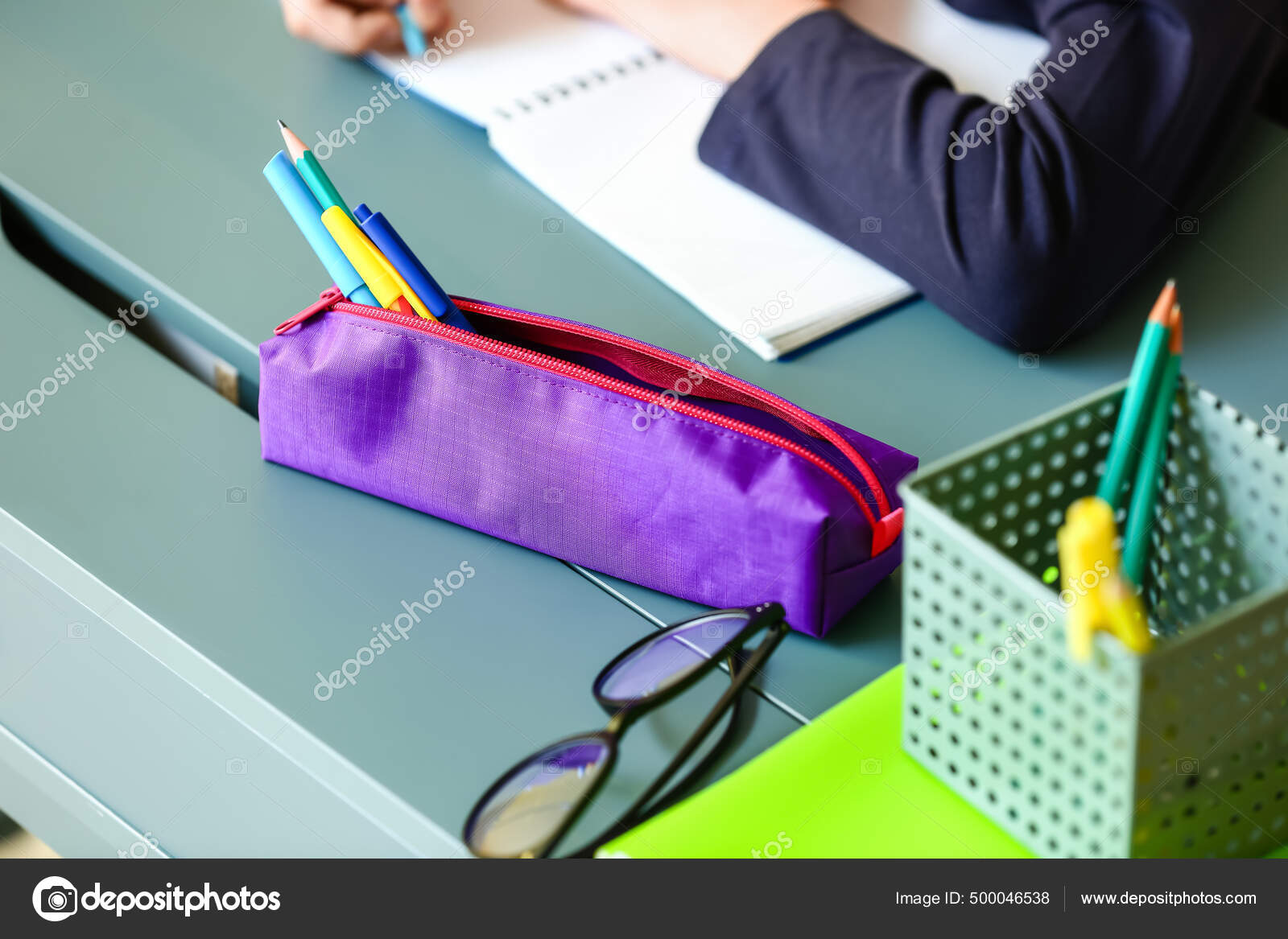 Pencil Case Table Closeup — Stock Photo © serezniy #500046538