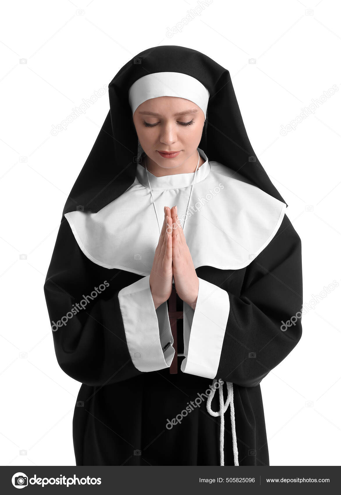 Joven Monja Religiosa Sobre Fondo Blanco — Foto de stock © serezniy ...