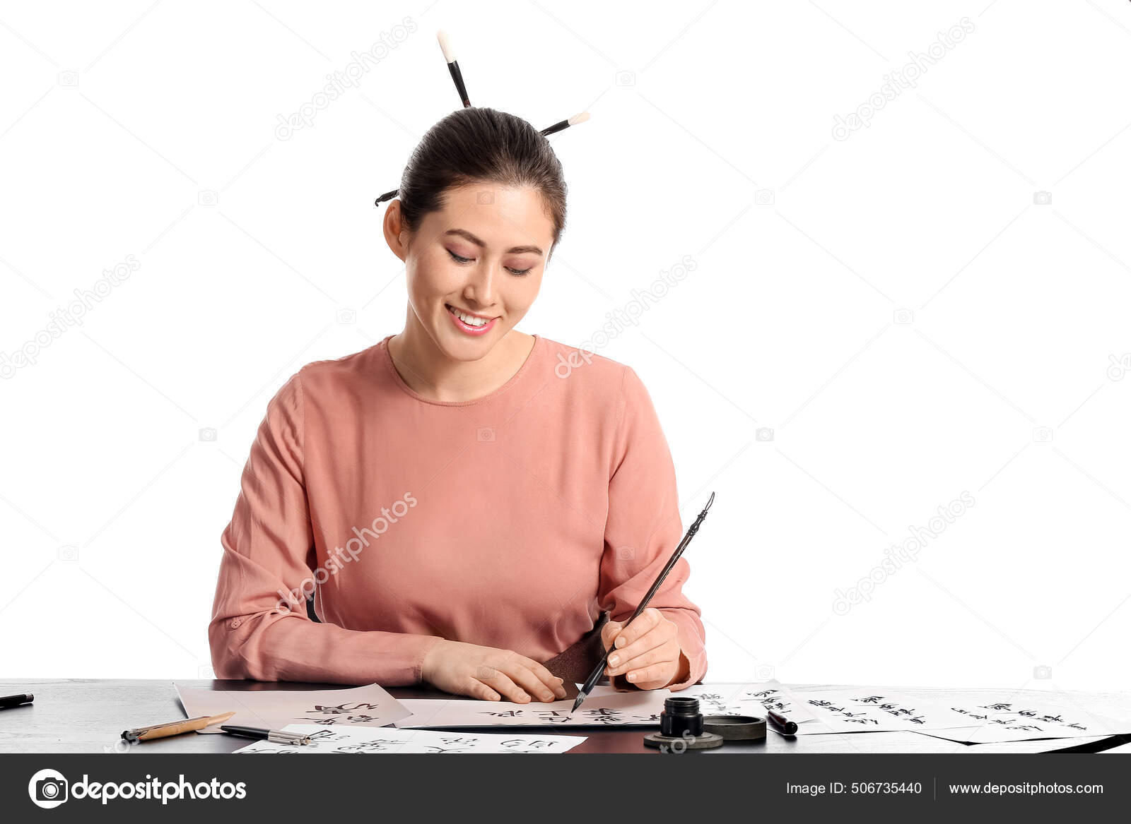 Female Asian Calligraphist Table White Background Stock Photo by ...