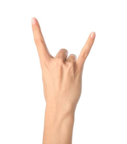 Female Hand Showing Devil Horns Gesture White Background — Stock Photo ...