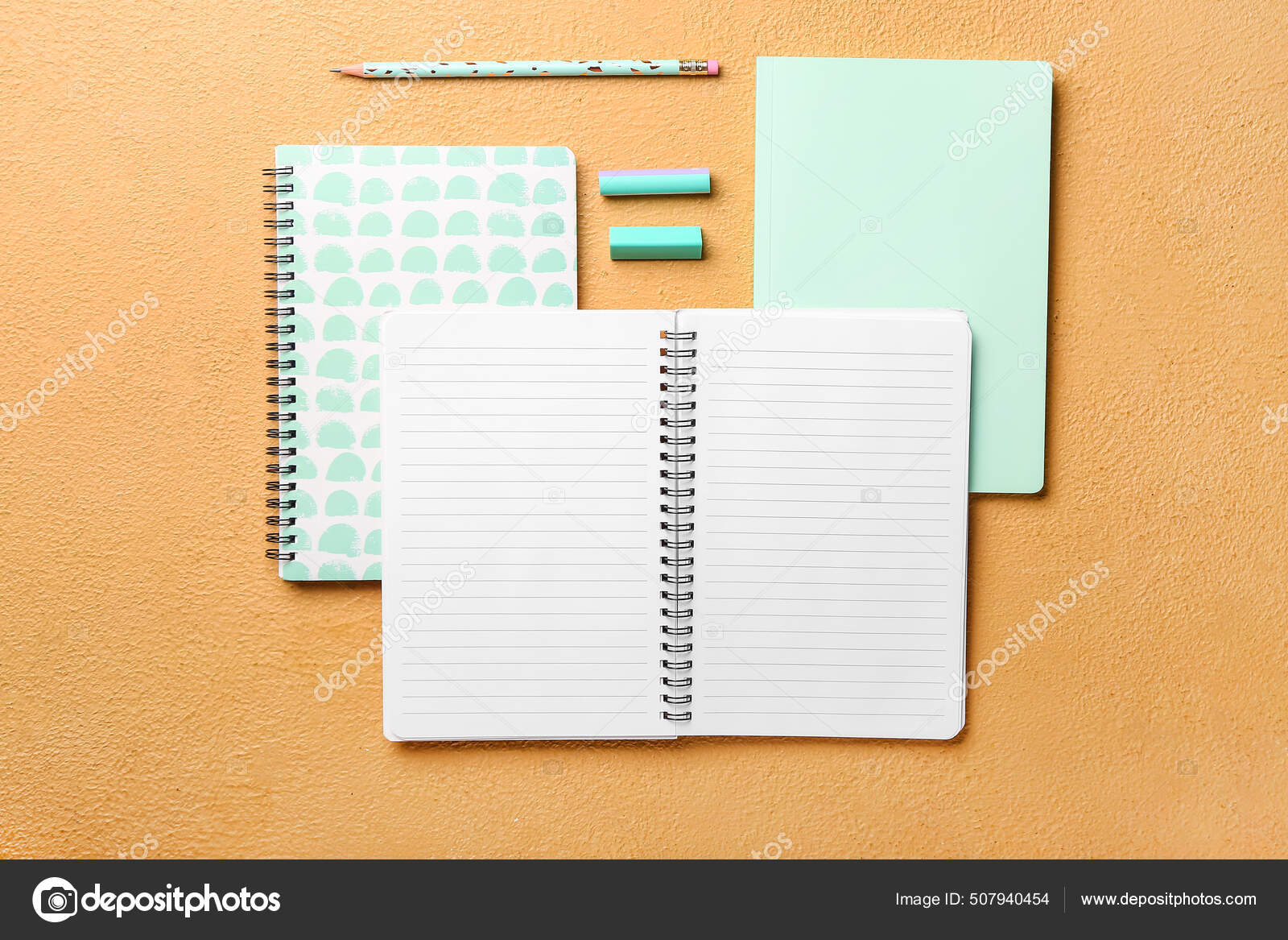 Different Notebooks Pencil Erasers Color Background — Stock Photo ...