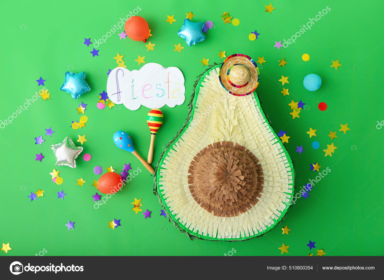 Composition Mexican Pinata Sombrero Hat Maracas Balloons Green ...
