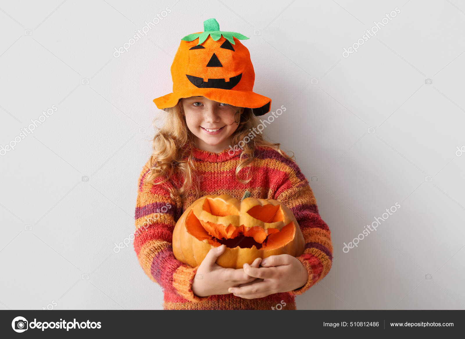Cute Little Girl Dressed Halloween Light Background Stock Photo by ...