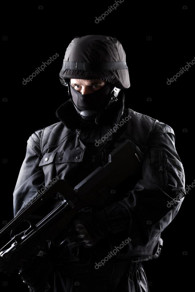 Spec ops soldier on black background — Stock Photo © zorandim #55364983