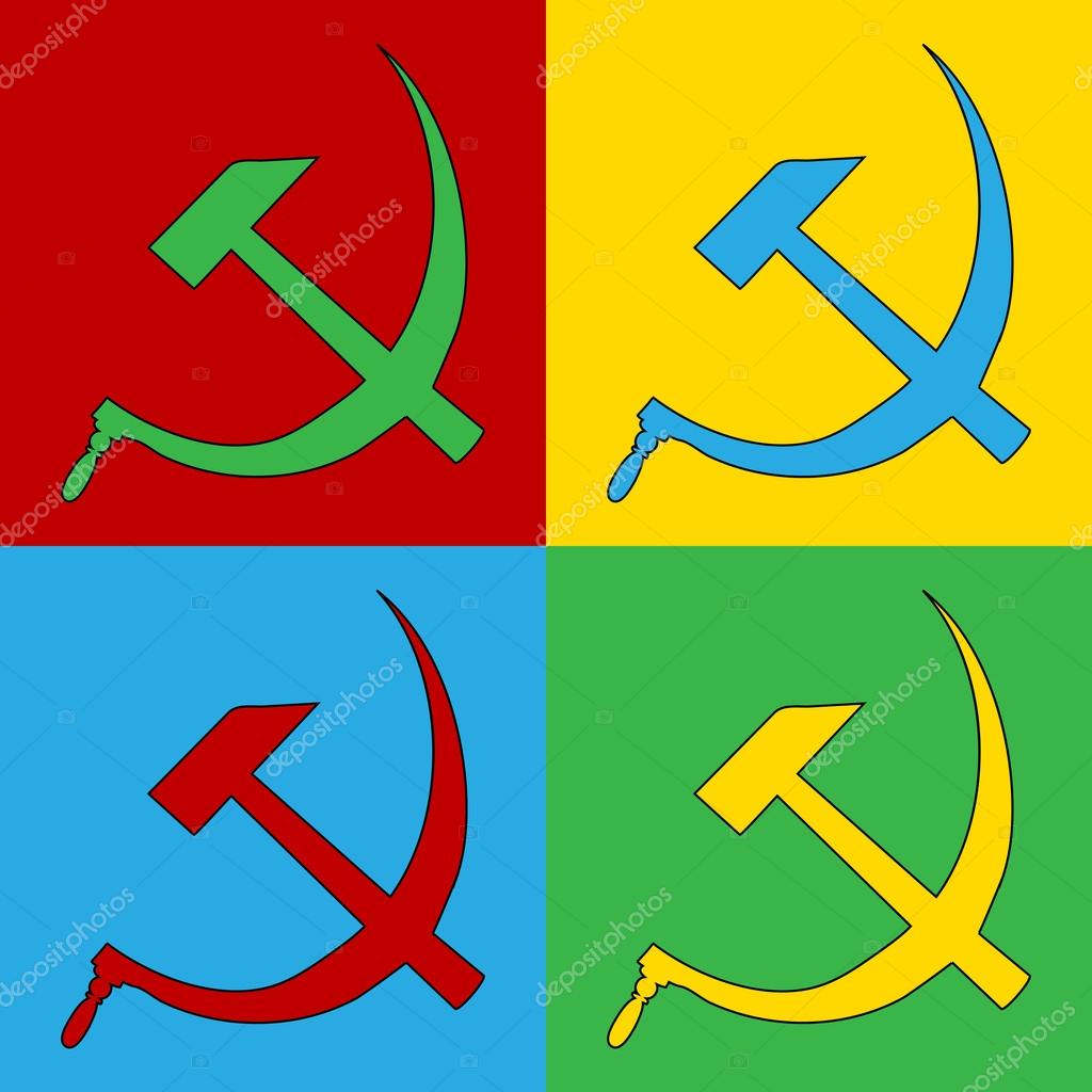 Pop art martillo y símbolos de hoz iconos. 2022