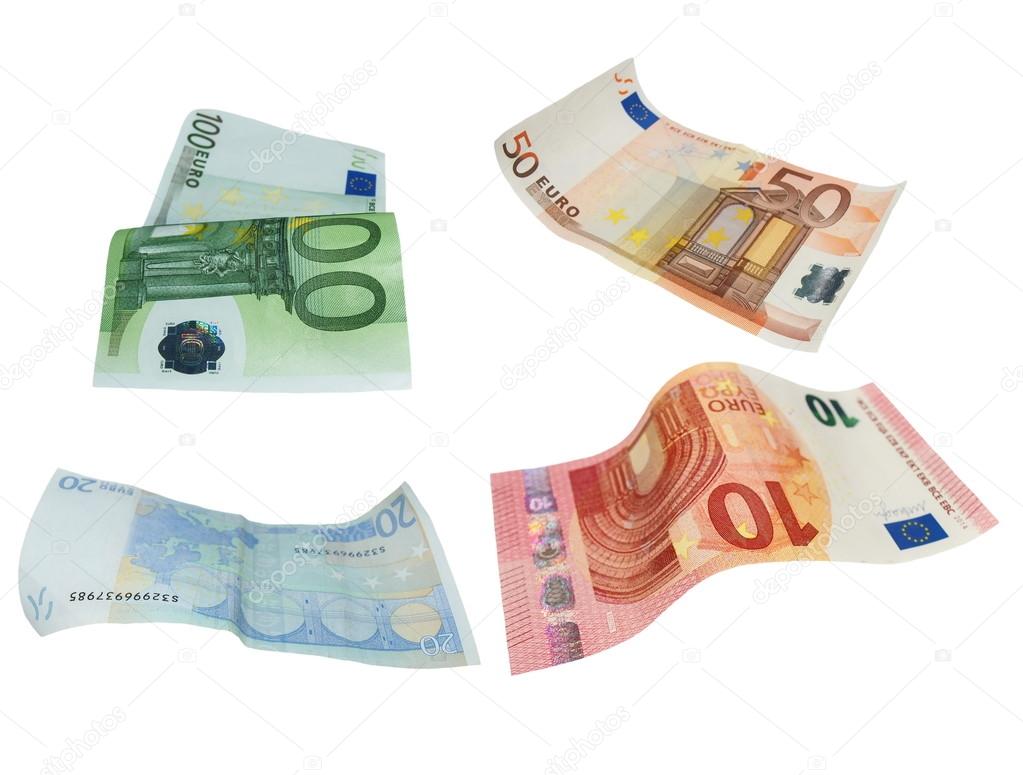 Flying Euro banknotes isolated on white background, with clipping path ...