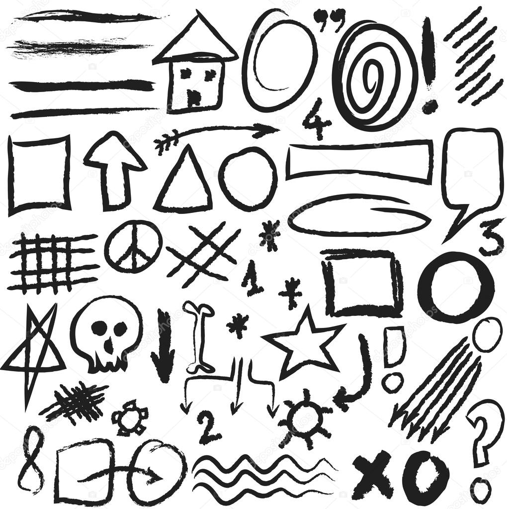 Set hand drawn, doodle, numbers, shapes, circle, square, star ...