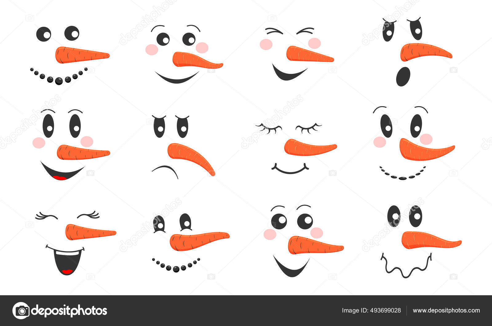 Funny snowmen faces set. Collection of cute snowman heads with ...