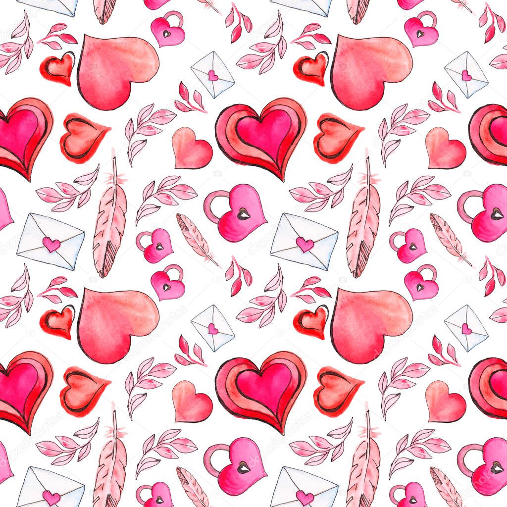 Patr n sin costuras del d a de San Valent n con corazones, coraz n, carta de amor, pluma ...